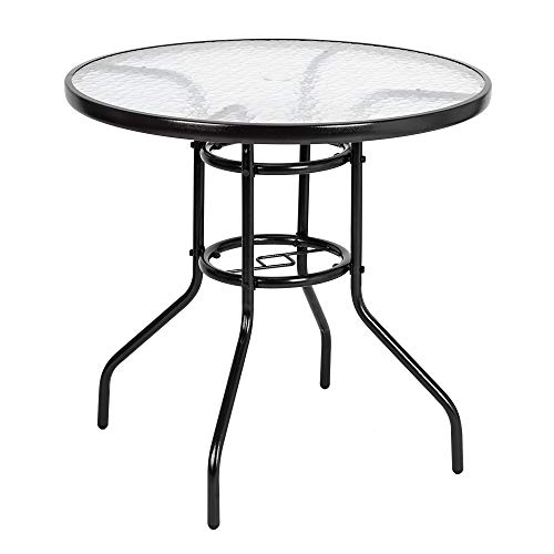 VINGLI Patio Table with Umbrella Hole, 32" Round Outdoor Dining Table Steel Tempered Glass Patio Table Outdoor Table for Balcony Garden Deck