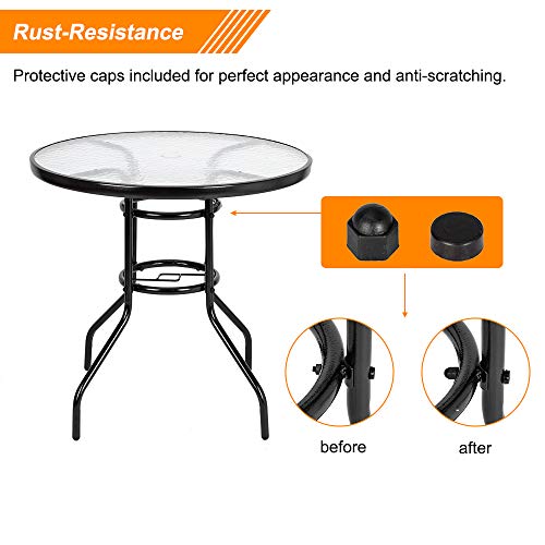 VINGLI Patio Table with Umbrella Hole, 32" Round Outdoor Dining Table Steel Tempered Glass Patio Table Outdoor Table for Balcony Garden Deck