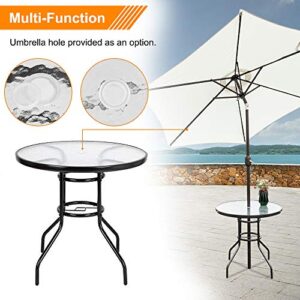 VINGLI Patio Table with Umbrella Hole, 32" Round Outdoor Dining Table Steel Tempered Glass Patio Table Outdoor Table for Balcony Garden Deck