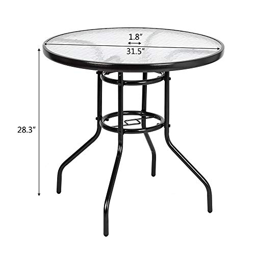 VINGLI Patio Table with Umbrella Hole, 32" Round Outdoor Dining Table Steel Tempered Glass Patio Table Outdoor Table for Balcony Garden Deck