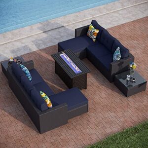 PHI VILLA Patio Furniture Sectional Sofa 7-Piece 50000 BTU Propane Gas Fire Pit Outdoor Wicker Furniture Set Steel Fire Pit Table with No-Slip Cushions Furniture Covers, Blue