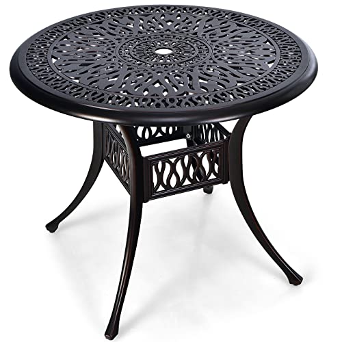 Tangkula 36 Inch Outdoor Dining Table, Round Cast Aluminum Patio Dining Table with Umbrella Hole, Weather-Resistant Patio Bistro Table for Backyard, Garden, Poolside