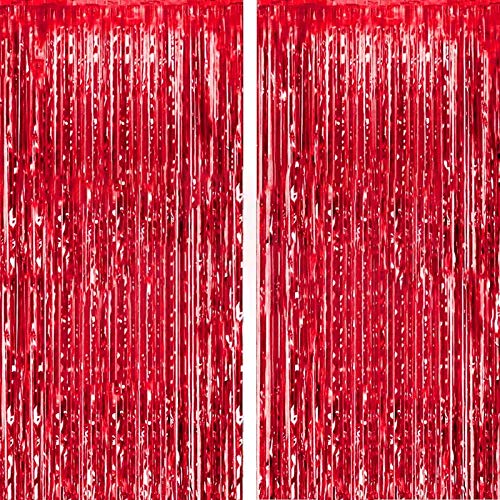 2 Packs 3ft x 8.3ft Red Metallic Tinsel Foil Fringe Curtains Photo Booth Props for Birthday Engagement Bridal Shower Baby Shower Bachelorette Holiday Celebration Party Decorations