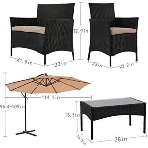 FDW Patio Furniture Set 4Pieces Outdoor Patio Chairs Wicker Sofa Garden Conversation Bistro Sets with Patio Umbrella Offset 10' Hanging Umbrella for Yard or Backyard