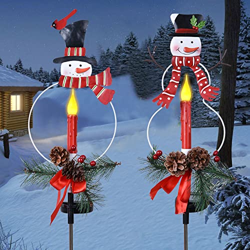 Doingart 2pc Snowman Solar Light Christmas Decorations,Solar Powered Red Scarf Snowman Stake,Christmas Snowman Decoration for Lawn Garden Yard