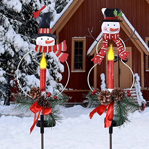 Doingart 2pc Snowman Solar Light Christmas Decorations,Solar Powered Red Scarf Snowman Stake,Christmas Snowman Decoration for Lawn Garden Yard