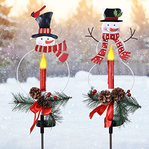 Doingart 2pc Snowman Solar Light Christmas Decorations,Solar Powered Red Scarf Snowman Stake,Christmas Snowman Decoration for Lawn Garden Yard