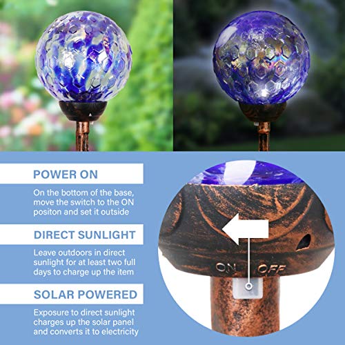 Exhart Garden Solar Lights, Decorative LED Honeycomb Glass Ball Garden Stake, Glass and Metal Outdoor Decoration, Dark Blue, 4 x 31 Inch