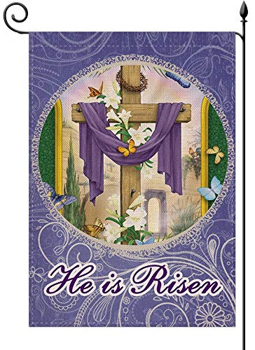 YaoChong He is Risen Easter Cross Lily Garden Flag,Spring House Yard Decorative Double Sided Flag 12.5 x 18 Inch