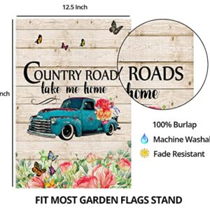 Spring Garden Flag 12x18 Inch Double Sided,Blue Truck with Flowers Country Roads Take Me Home Yard Flag,Small Flag for Farmhouse Outdoor Decor