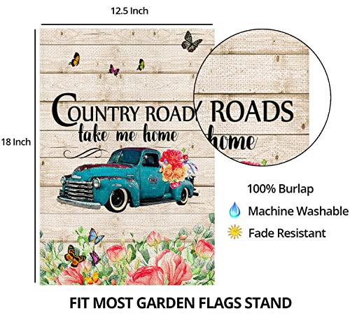 Spring Garden Flag 12x18 Inch Double Sided,Blue Truck with Flowers Country Roads Take Me Home Yard Flag,Small Flag for Farmhouse Outdoor Decor