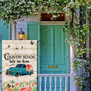 Spring Garden Flag 12x18 Inch Double Sided,Blue Truck with Flowers Country Roads Take Me Home Yard Flag,Small Flag for Farmhouse Outdoor Decor