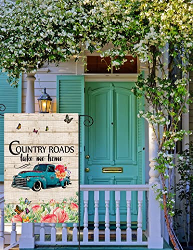 Spring Garden Flag 12x18 Inch Double Sided,Blue Truck with Flowers Country Roads Take Me Home Yard Flag,Small Flag for Farmhouse Outdoor Decor