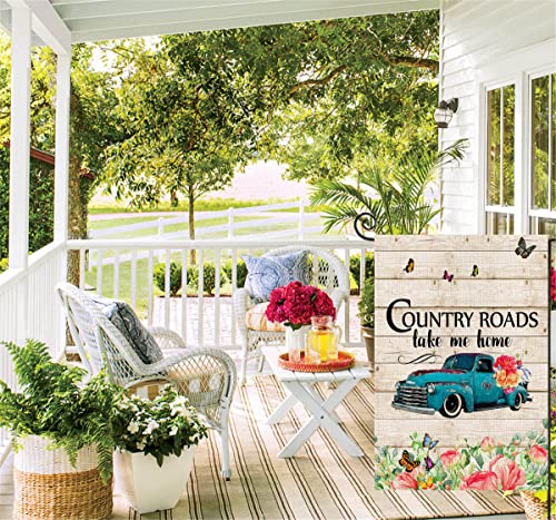 Spring Garden Flag 12x18 Inch Double Sided,Blue Truck with Flowers Country Roads Take Me Home Yard Flag,Small Flag for Farmhouse Outdoor Decor