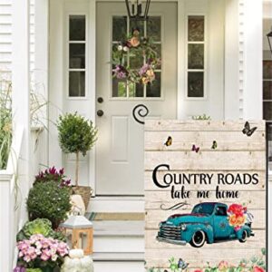 Spring Garden Flag 12x18 Inch Double Sided,Blue Truck with Flowers Country Roads Take Me Home Yard Flag,Small Flag for Farmhouse Outdoor Decor