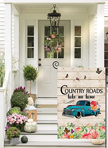 Spring Garden Flag 12x18 Inch Double Sided,Blue Truck with Flowers Country Roads Take Me Home Yard Flag,Small Flag for Farmhouse Outdoor Decor