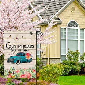 Spring Garden Flag 12x18 Inch Double Sided,Blue Truck with Flowers Country Roads Take Me Home Yard Flag,Small Flag for Farmhouse Outdoor Decor