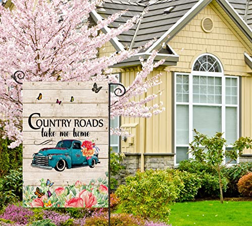 Spring Garden Flag 12x18 Inch Double Sided,Blue Truck with Flowers Country Roads Take Me Home Yard Flag,Small Flag for Farmhouse Outdoor Decor