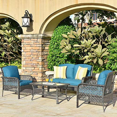 ovios Patio Wicker Outdoor Furniture Sets, Outdoor Patio Furniture Sets, All Weather Patio Furniture, Rattan Wicker Conversation Set with Cushions and Coffee Table (Gray Wicker + Blue Cushion)