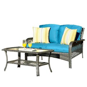 ovios Patio Wicker Outdoor Furniture Sets, Outdoor Patio Furniture Sets, All Weather Patio Furniture, Rattan Wicker Conversation Set with Cushions and Coffee Table (Gray Wicker + Blue Cushion)