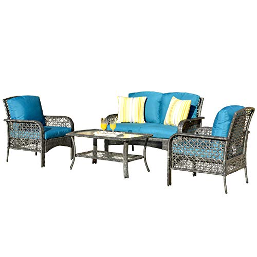 ovios Patio Wicker Outdoor Furniture Sets, Outdoor Patio Furniture Sets, All Weather Patio Furniture, Rattan Wicker Conversation Set with Cushions and Coffee Table (Gray Wicker + Blue Cushion)