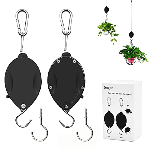 Sunnyac Retractable Plant Pulley, Adjustable Plant Hanger with Locking Button and Metal Ceiling Hooks for Hanging Plants, Garden Flower Baskets, Pots and Bird Feeders, Easily Lower or Raise (2, Black)