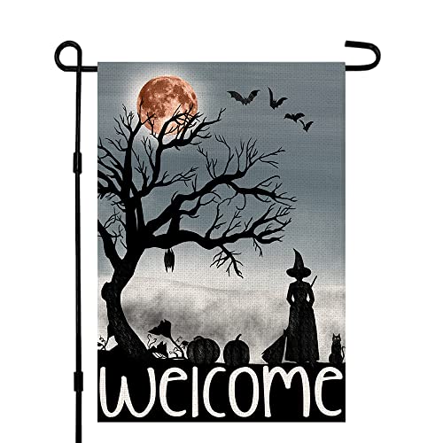 Welcome Halloween Garden Flag 12 x 18 Inch Double Sided Burlap Small Witch Pumpkin Flag Outside Porch Decor Halloween Yard Decoration DF110