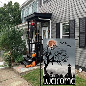 Welcome Halloween Garden Flag 12 x 18 Inch Double Sided Burlap Small Witch Pumpkin Flag Outside Porch Decor Halloween Yard Decoration DF110