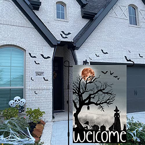 Welcome Halloween Garden Flag 12 x 18 Inch Double Sided Burlap Small Witch Pumpkin Flag Outside Porch Decor Halloween Yard Decoration DF110