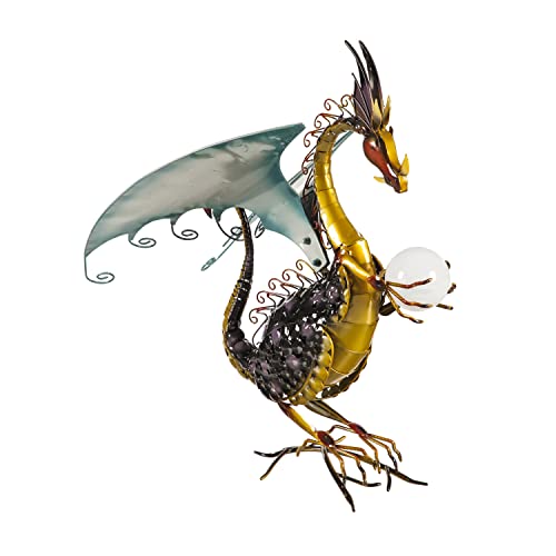 Wind & Weather Dragon Garden Sculpture with Solar Globe |13.75 x 19 x 25.4 Inches |Weather Resistant and Outdoor Safe |Porch Garage Garden or Patio Home Décor