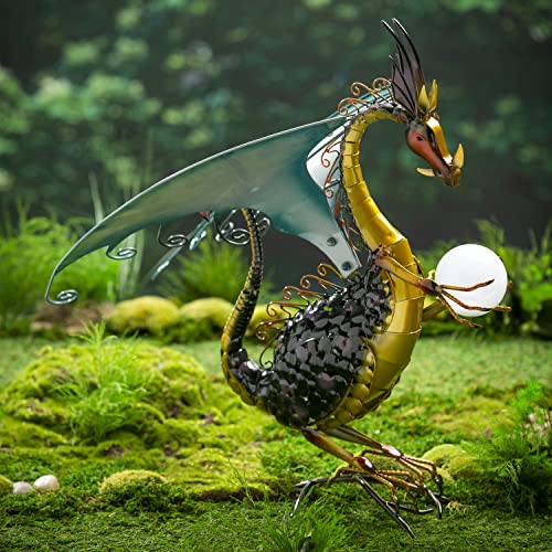 Wind & Weather Dragon Garden Sculpture with Solar Globe |13.75 x 19 x 25.4 Inches |Weather Resistant and Outdoor Safe |Porch Garage Garden or Patio Home Décor