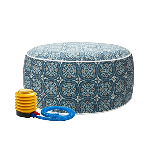 MAGPIE FABRICS Indoor/Outdoor Inflatable Stool Ottoman Pouf, Water Repellent Round Footrest Footstool with Foot Pump D20 xH9, Portable for Patio Garden Travel Camping or Home, Morgan Medal Blue