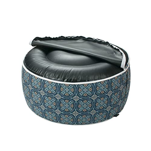 MAGPIE FABRICS Indoor/Outdoor Inflatable Stool Ottoman Pouf, Water Repellent Round Footrest Footstool with Foot Pump D20 xH9, Portable for Patio Garden Travel Camping or Home, Morgan Medal Blue