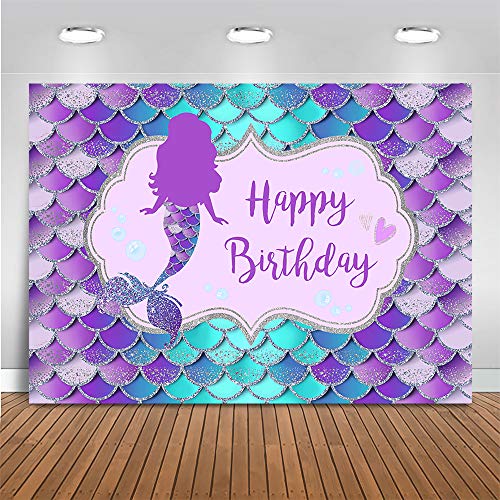 Mocsicka Mermaid Birthday Backdrop Under The Sea Birthday Party Decoration for Girl Blue Purple Scales Photography Background (7x5ft (82x60 inch))