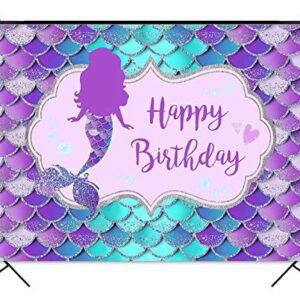 Mocsicka Mermaid Birthday Backdrop Under The Sea Birthday Party Decoration for Girl Blue Purple Scales Photography Background (7x5ft (82x60 inch))