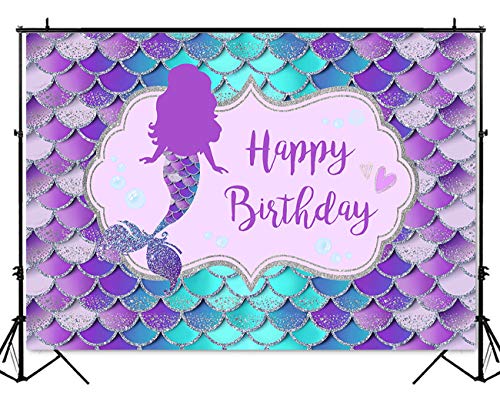 Mocsicka Mermaid Birthday Backdrop Under The Sea Birthday Party Decoration for Girl Blue Purple Scales Photography Background (7x5ft (82x60 inch))