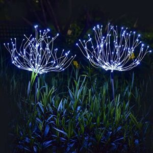 solar christmas lights outdoor waterproof [2022 brighter & longer-lasting] 105 led 2 pack fairy lights firework starburst lights for garden yard outside patio decor xmas decoration (cool white)