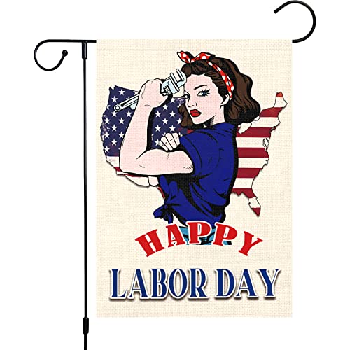 Happy Labor Day Garden Flag Celebrate Labor Day Woman Working Patriotic USA Flags 12 x 18 Double Sided Burlap Banner for Home House Outdoor Garden Yard Lawn Decor(ONLY FLAG)