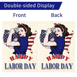 Happy Labor Day Garden Flag Celebrate Labor Day Woman Working Patriotic USA Flags 12 x 18 Double Sided Burlap Banner for Home House Outdoor Garden Yard Lawn Decor(ONLY FLAG)