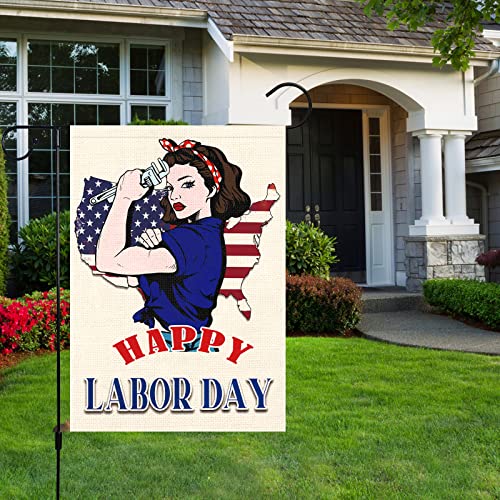 Happy Labor Day Garden Flag Celebrate Labor Day Woman Working Patriotic USA Flags 12 x 18 Double Sided Burlap Banner for Home House Outdoor Garden Yard Lawn Decor(ONLY FLAG)