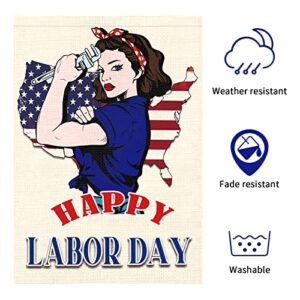 Happy Labor Day Garden Flag Celebrate Labor Day Woman Working Patriotic USA Flags 12 x 18 Double Sided Burlap Banner for Home House Outdoor Garden Yard Lawn Decor(ONLY FLAG)