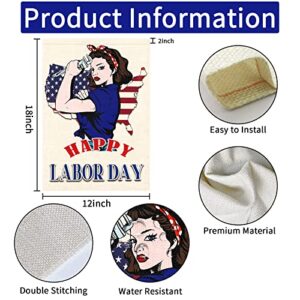 Happy Labor Day Garden Flag Celebrate Labor Day Woman Working Patriotic USA Flags 12 x 18 Double Sided Burlap Banner for Home House Outdoor Garden Yard Lawn Decor(ONLY FLAG)