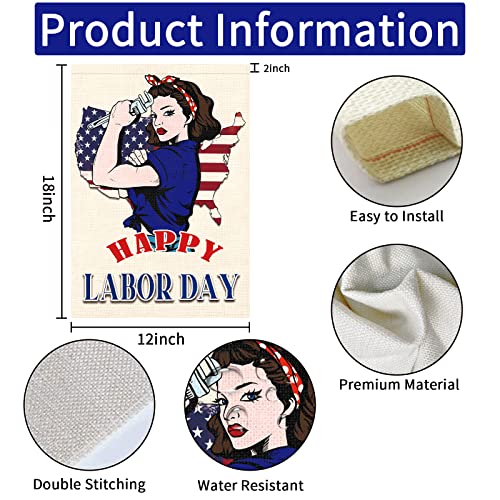 Happy Labor Day Garden Flag Celebrate Labor Day Woman Working Patriotic USA Flags 12 x 18 Double Sided Burlap Banner for Home House Outdoor Garden Yard Lawn Decor(ONLY FLAG)