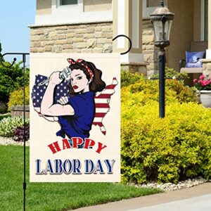 Happy Labor Day Garden Flag Celebrate Labor Day Woman Working Patriotic USA Flags 12 x 18 Double Sided Burlap Banner for Home House Outdoor Garden Yard Lawn Decor(ONLY FLAG)