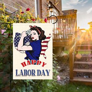 Happy Labor Day Garden Flag Celebrate Labor Day Woman Working Patriotic USA Flags 12 x 18 Double Sided Burlap Banner for Home House Outdoor Garden Yard Lawn Decor(ONLY FLAG)