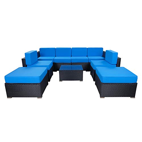 MCombo 9 Pieces Patio Furniture Sets with Glass Coffee Table, Outdoor Sectional Sofa with Two Ottomans,Wicker Patio Conversation Set with Cushions 6082-9pc (Blue)