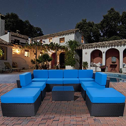 MCombo 9 Pieces Patio Furniture Sets with Glass Coffee Table, Outdoor Sectional Sofa with Two Ottomans,Wicker Patio Conversation Set with Cushions 6082-9pc (Blue)