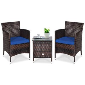 dortala 3 piece patio furniture set, outdoor rattan conversation set with coffee table, chairs & thick cushions, patio sectional sofa set, wicker bistro set for patio garden lawn backyard pool, navy