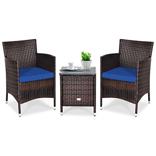 DORTALA 3 Piece Patio Furniture Set, Outdoor Rattan Conversation Set with Coffee Table, Chairs & Thick Cushions, Patio Sectional Sofa Set, Wicker Bistro Set for Patio Garden Lawn Backyard Pool, Navy