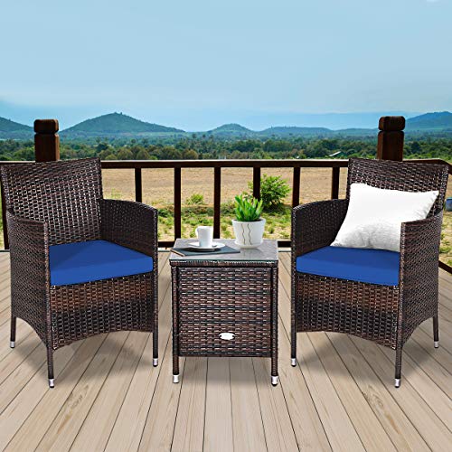 DORTALA 3 Piece Patio Furniture Set, Outdoor Rattan Conversation Set with Coffee Table, Chairs & Thick Cushions, Patio Sectional Sofa Set, Wicker Bistro Set for Patio Garden Lawn Backyard Pool, Navy